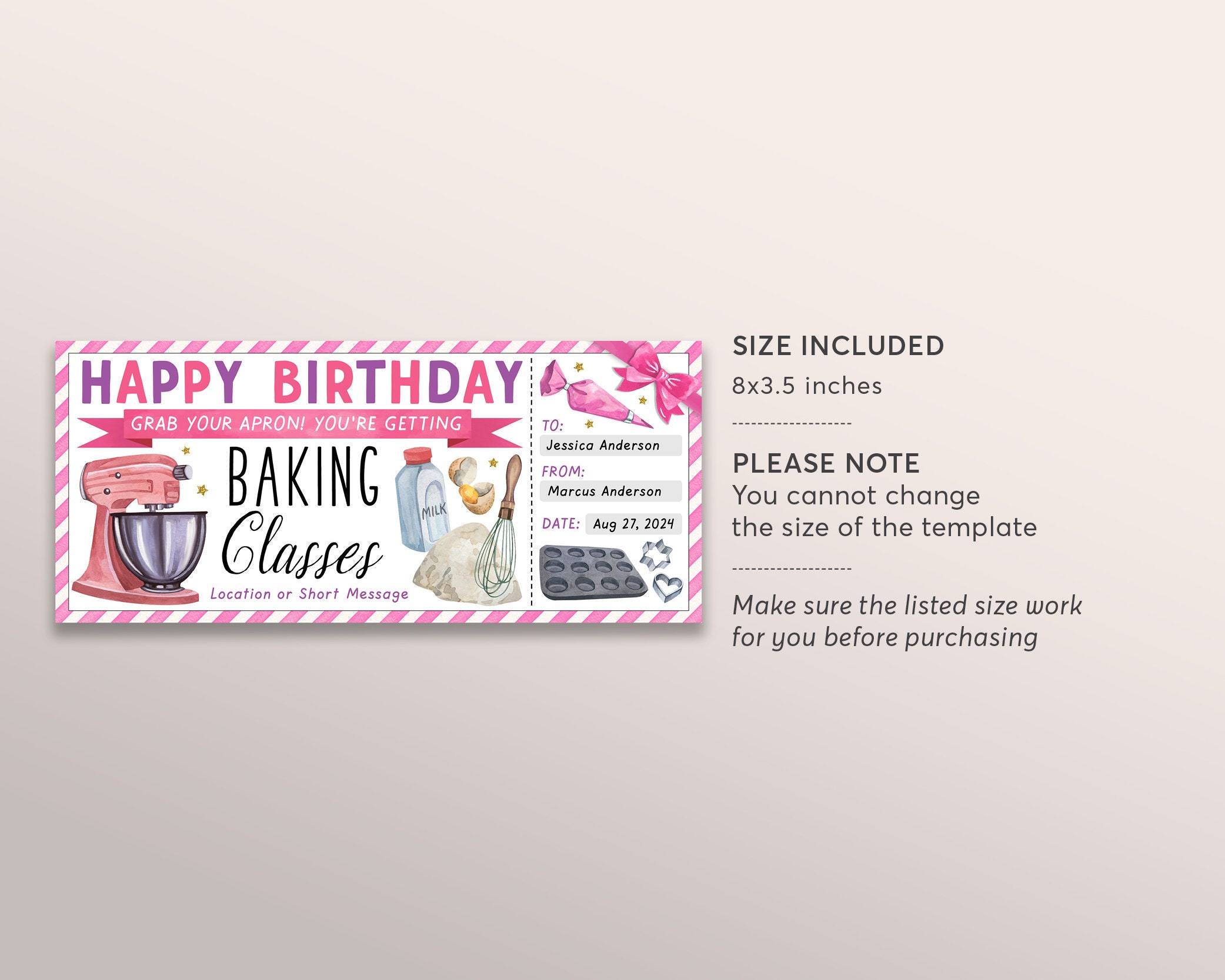 Baking Classes Gift Certificate Ticket Editable Template, Birthday ...