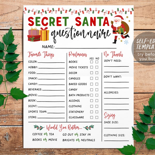 Secret Santa Adult Questionnaire Template - Etsy UK