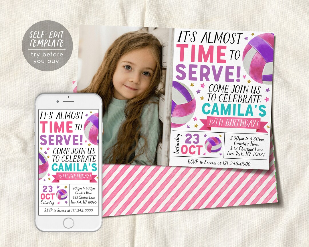 Volleyball Birthday Invitation With Photo Editable Template, Girl ...