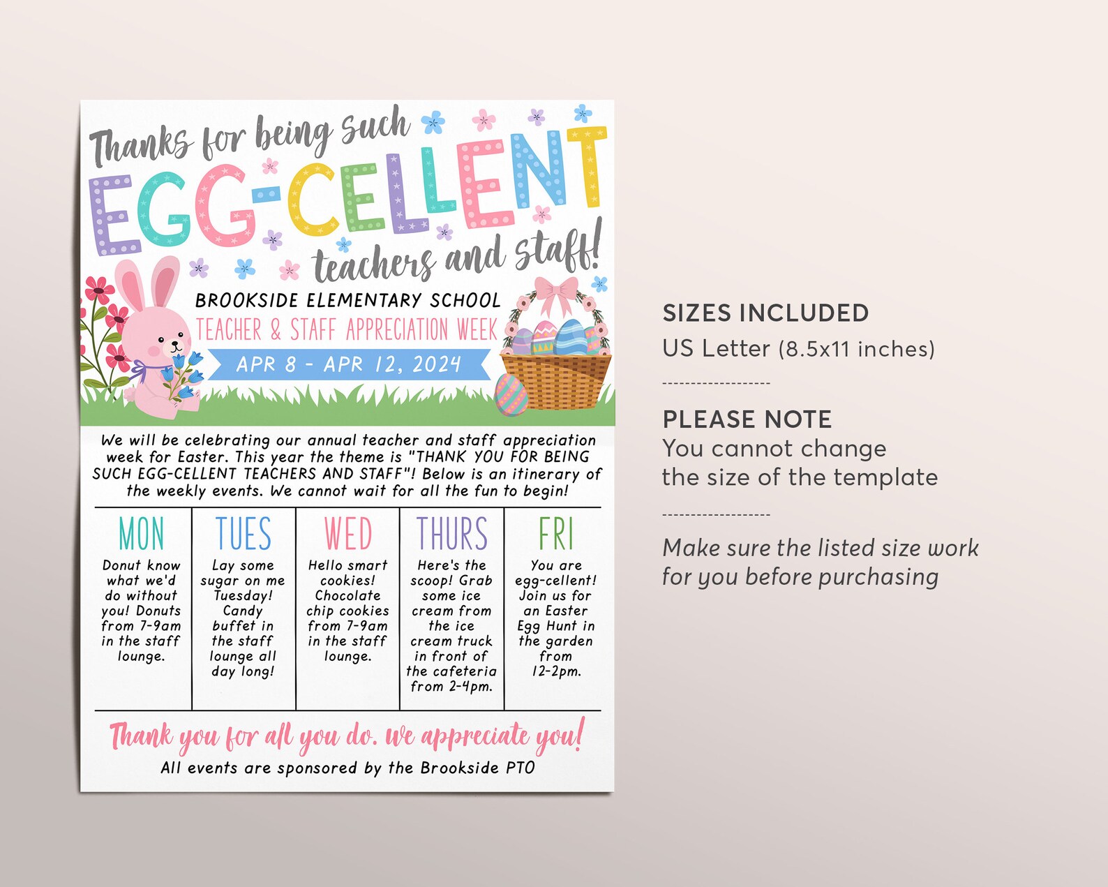 Easter Theme Teacher Staff Appreciation Week Itinerary Flyer Editable ...