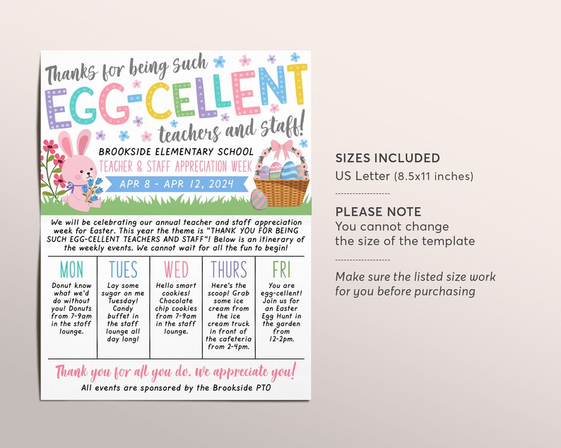 Easter Theme Teacher Staff Appreciation Week Itinerary Flyer Editable ...