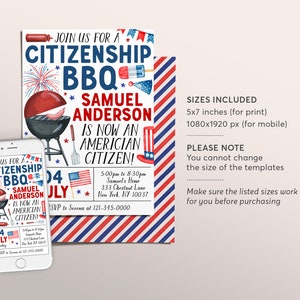US Citizenship BBQ Party Invitation Editable Template, Naturalization ...
