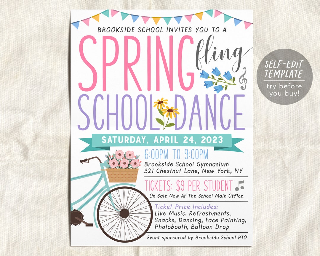 Spring Fling School Dance Flyer Editable Template, Easter School Dance ...