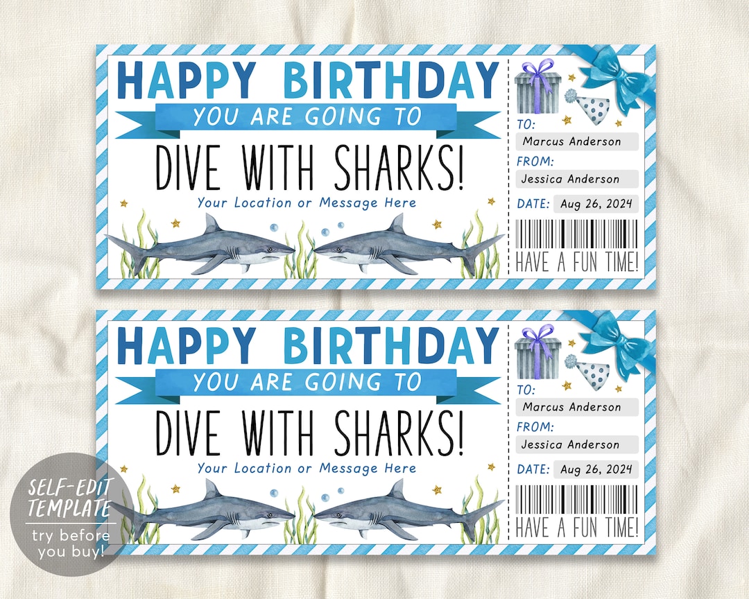 Dive With Sharks Ticket Editable Template, Birthday Surprise Cage ...
