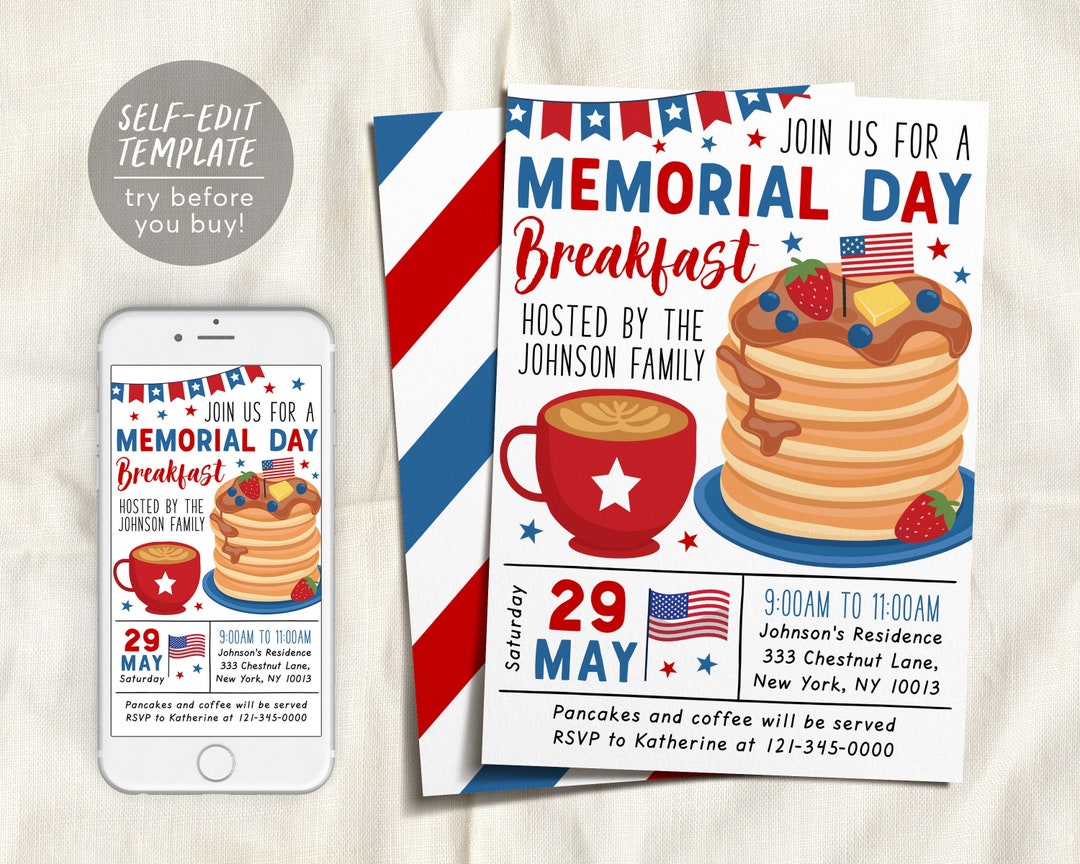 Memorial Day Breakfast Invitation Editable Template, Patriotic Memorial ...