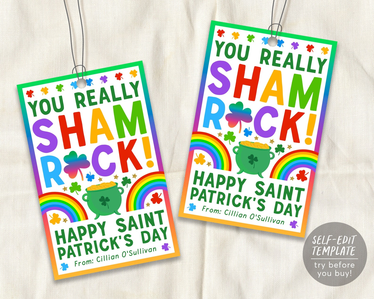 St Patrick's Day You Sham Rock Gift Tag Editable Template, Rainbow ...