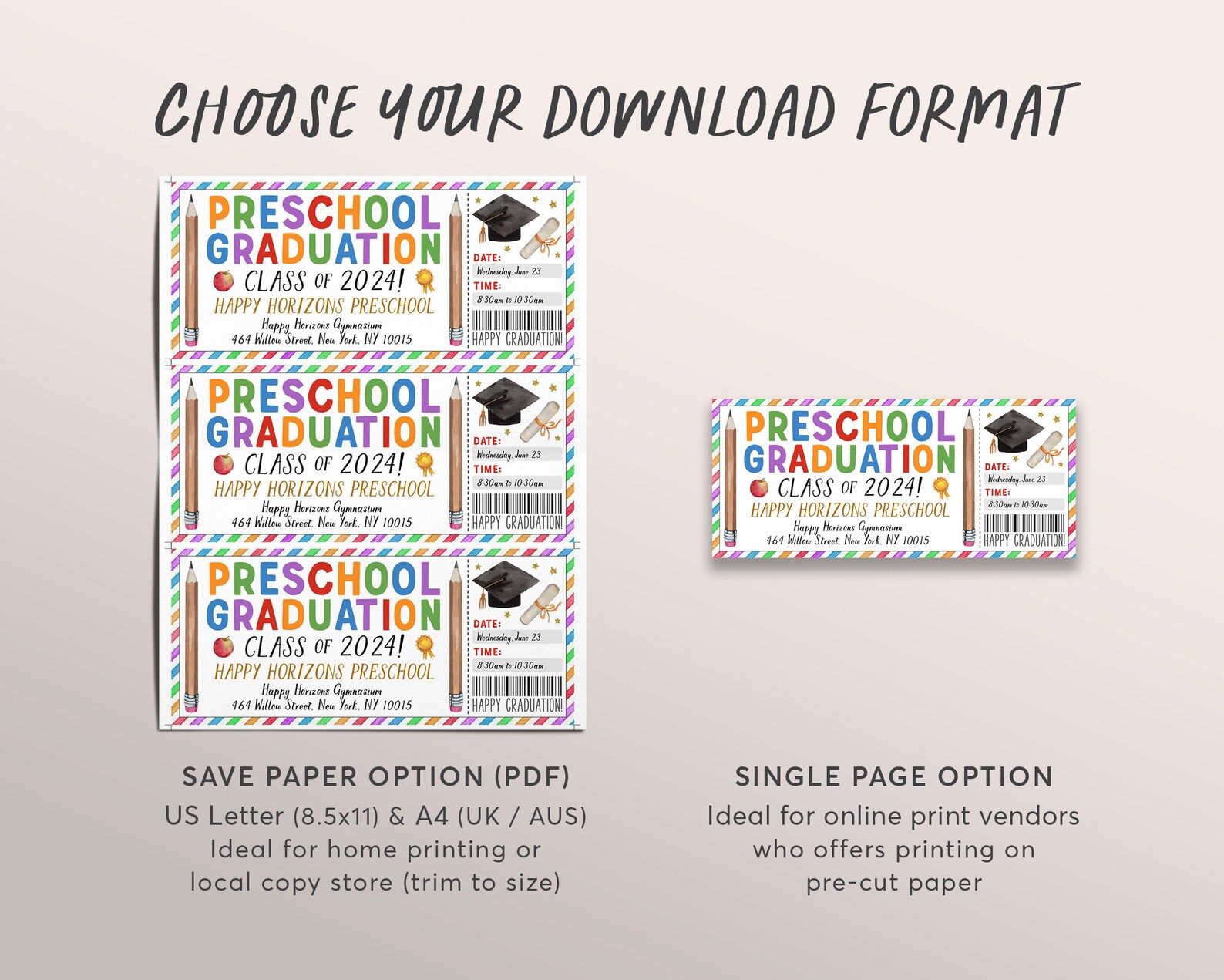 Preschool Graduation Ceremony Ticket Editable Template, Class Grad ...