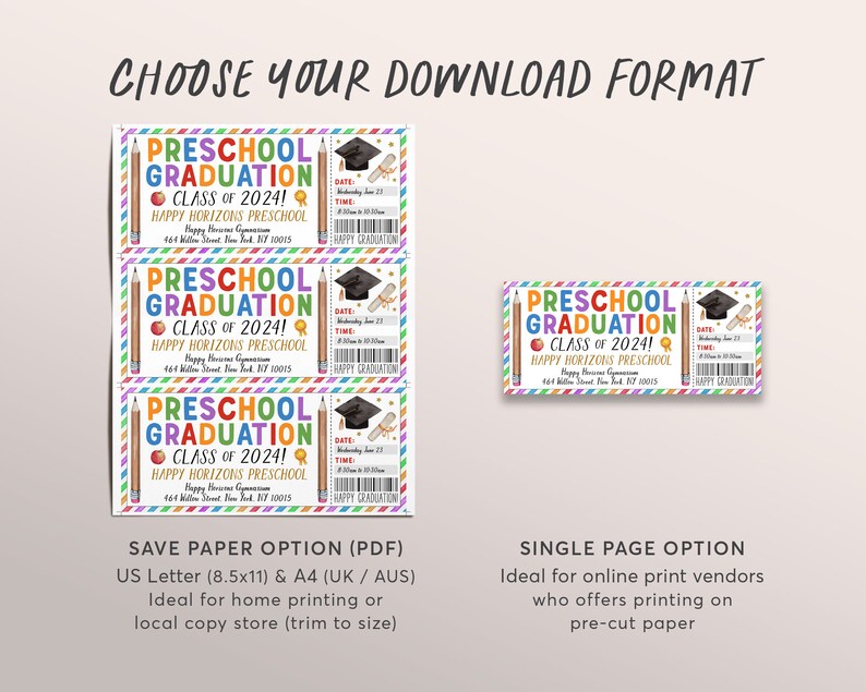 Preschool Graduation Ceremony Ticket Editable Template, Class Grad ...