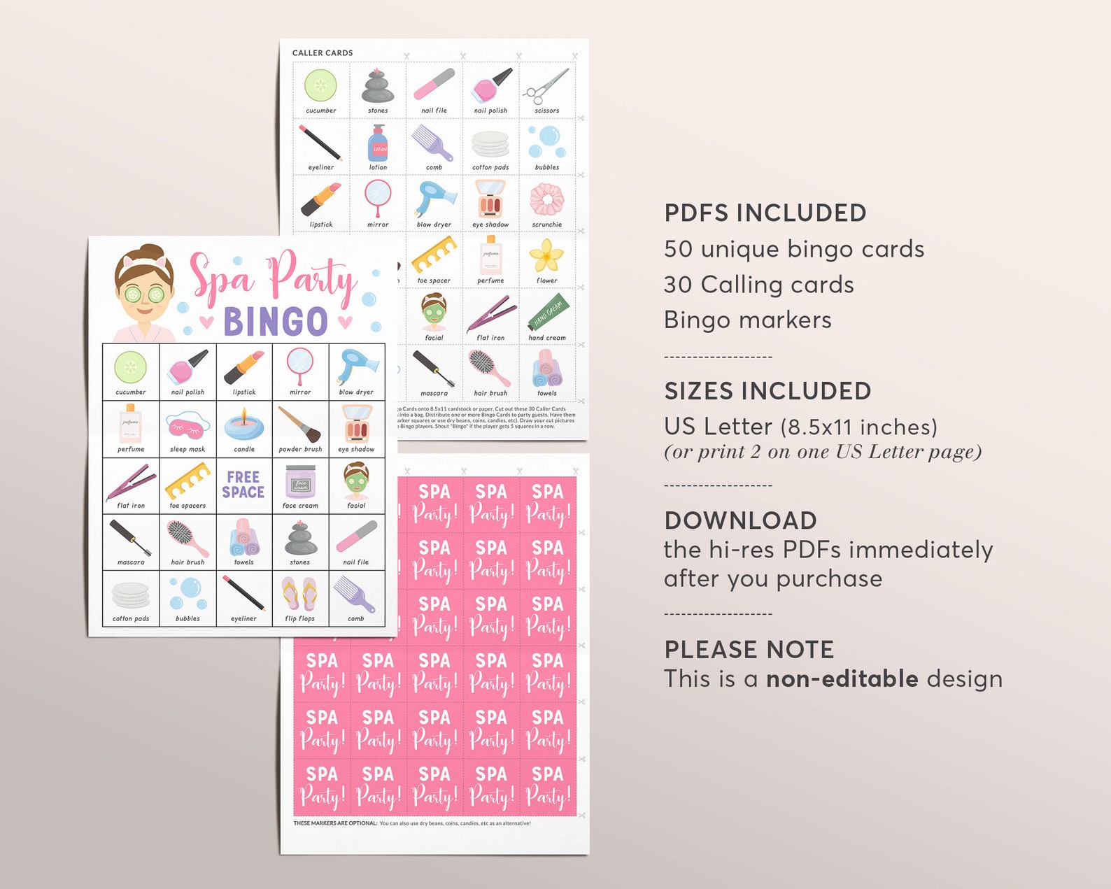 Spa Party Bingo Cards Printable Games for Kids Spa Bingo - Etsy