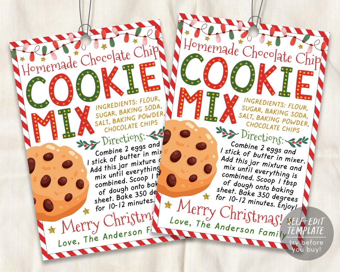 Cookie Recipe Christmas Gift Tag Editable Template, Holiday Chocolate ...