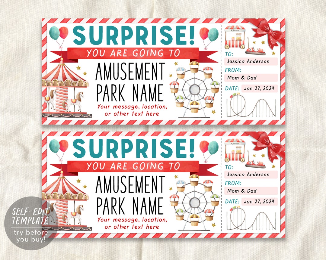 Amusement Park Ticket Editable Template, Surprise Theme Park Voucher ...