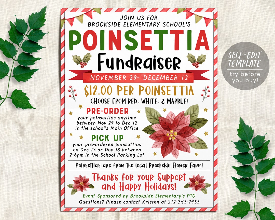Poinsettia Fundraiser Flyer Editable Template, Christmas Poinsettia ...