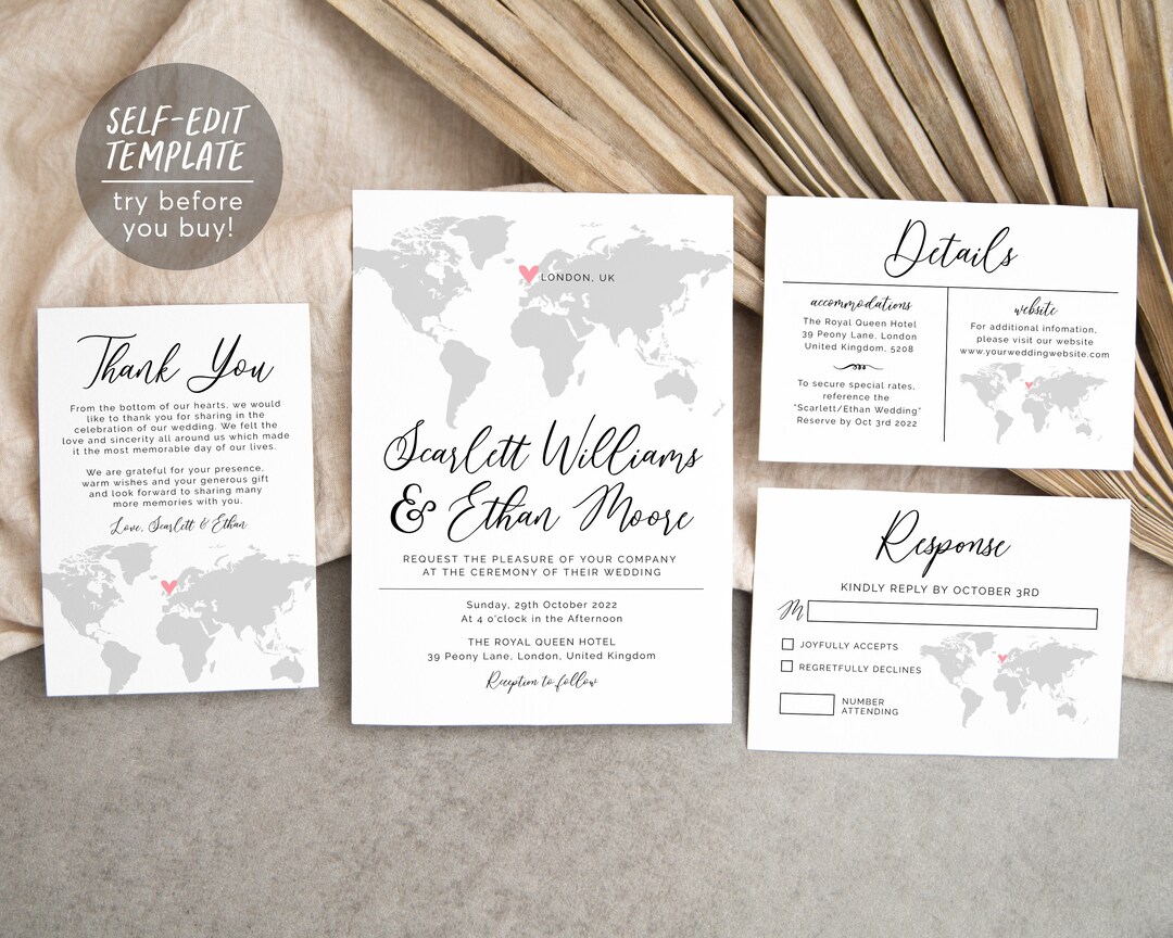 Editable World Map Wedding Invitation Suite Template, Destination ...