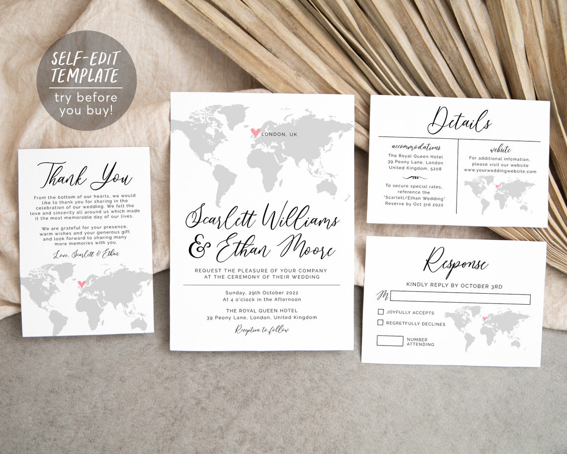Editable World Map Wedding Invitation Suite Template - Etsy