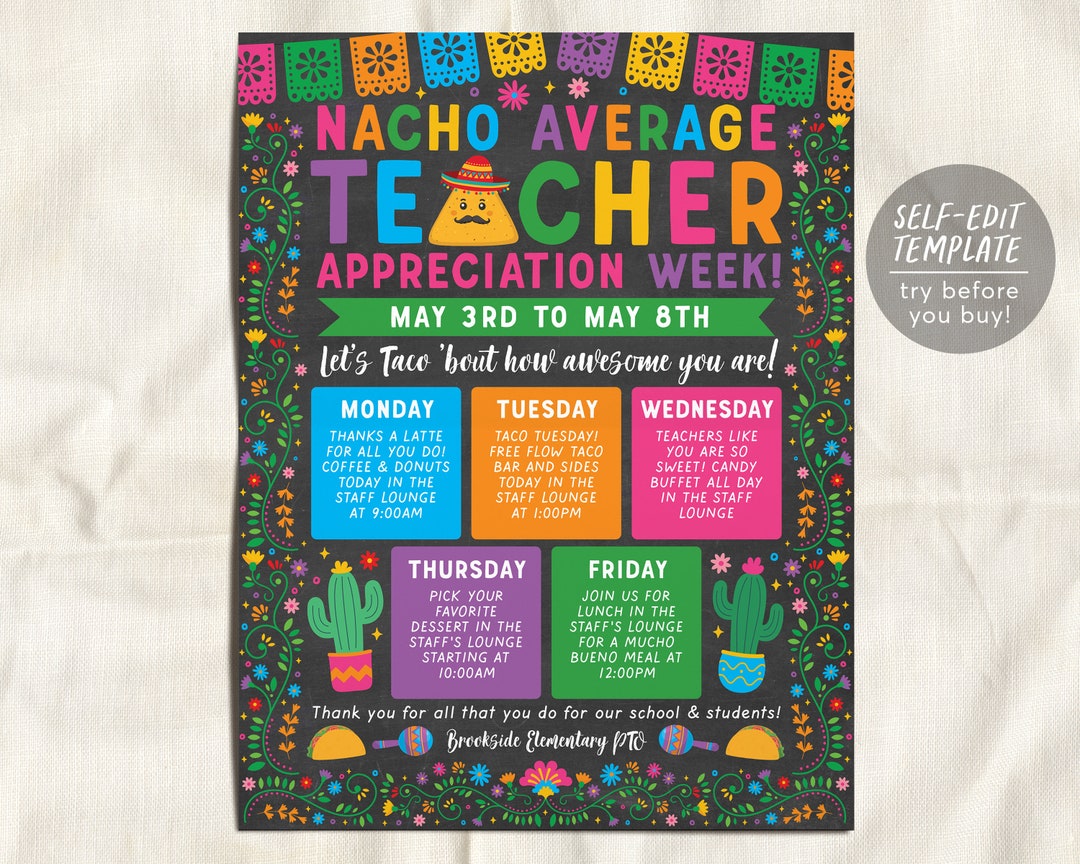 Nacho Average Teacher Appreciation Week Schedule Editable Template ...