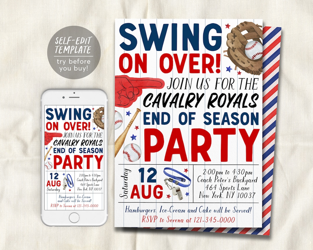 Baseball End of Season Party Invitation Editable Template, Baseball ...
