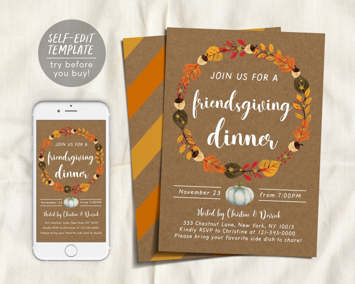 Friendsgiving Dinner Party Invitation Editable Template - Etsy