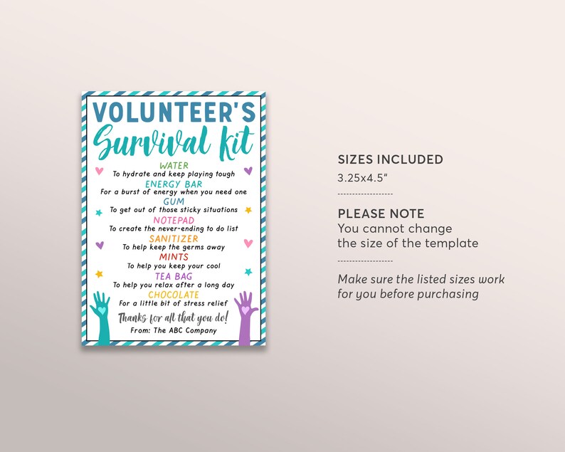 Volunteer Survival Kit Gift Tags Editable Template, Volunteer Thank You ...