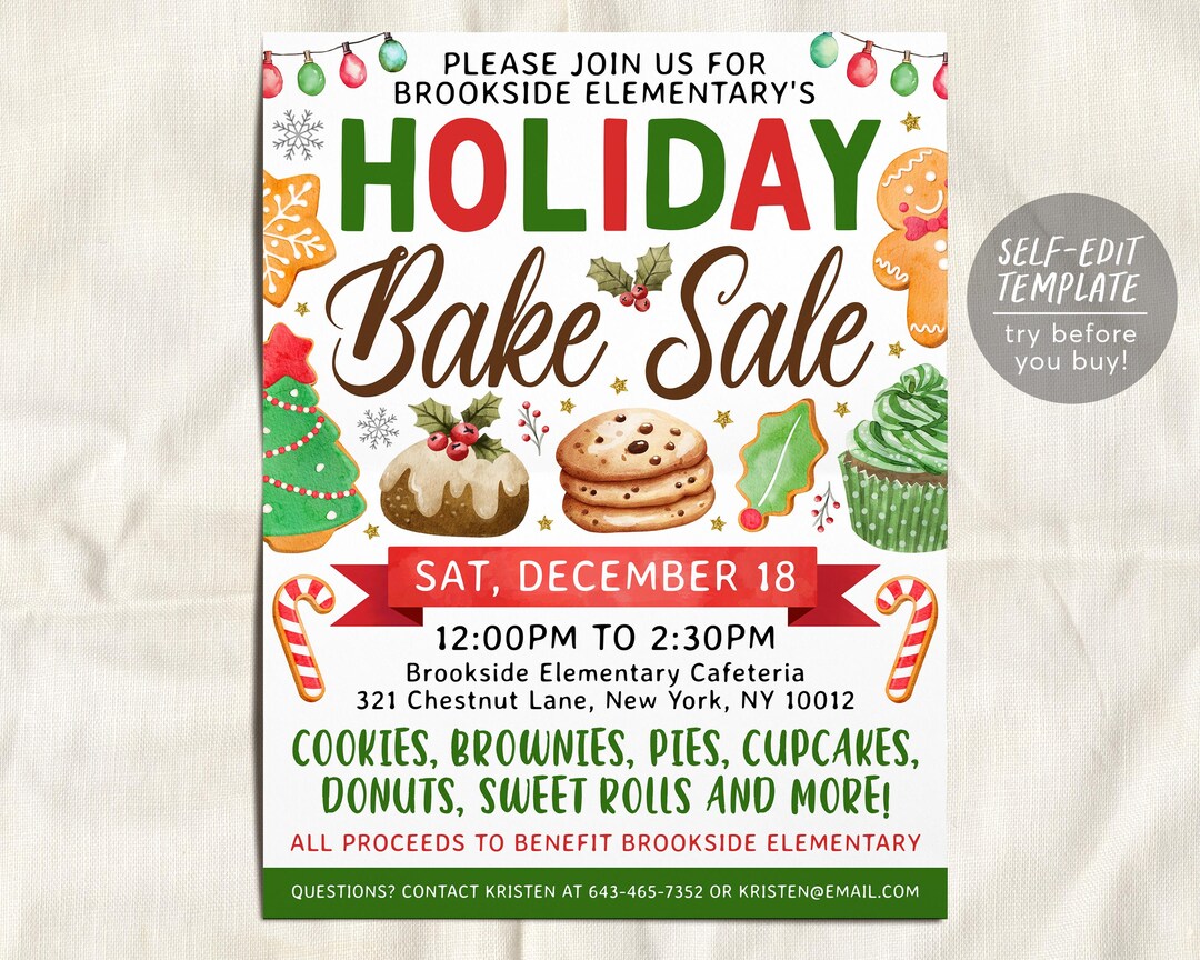 Holiday Bake Sale Flyer Invitation Editable Template, Christmas Bake ...