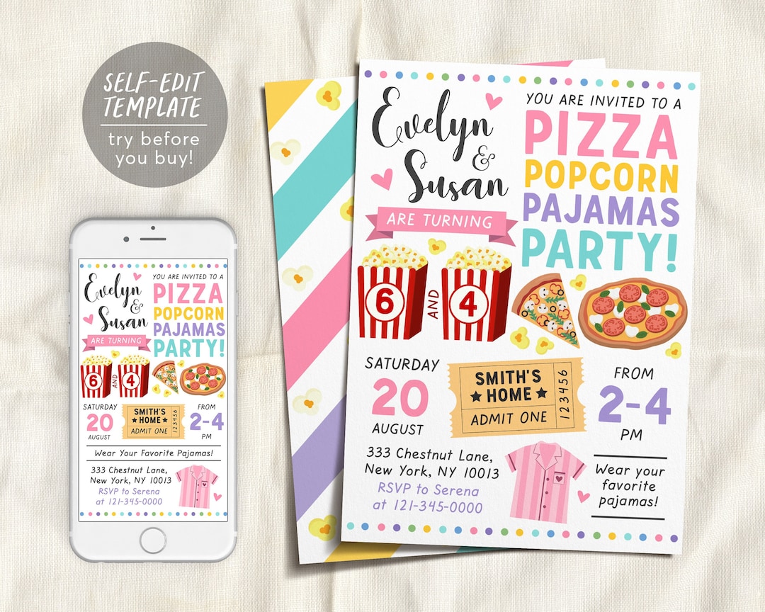 Pizza Popcorn and Pajamas Party Birthday Invitation Editable Template ...