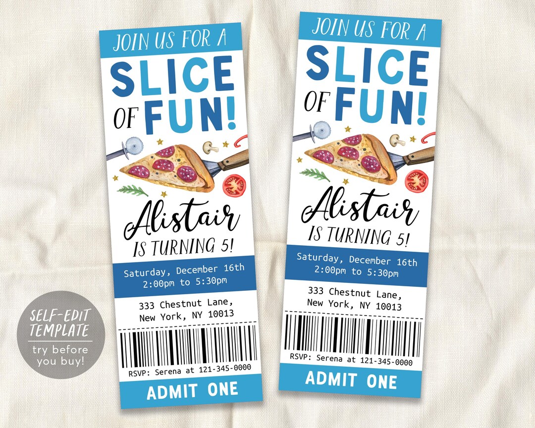 Pizza Birthday Ticket Invitation Editable Template, Kids Pizza Party ...