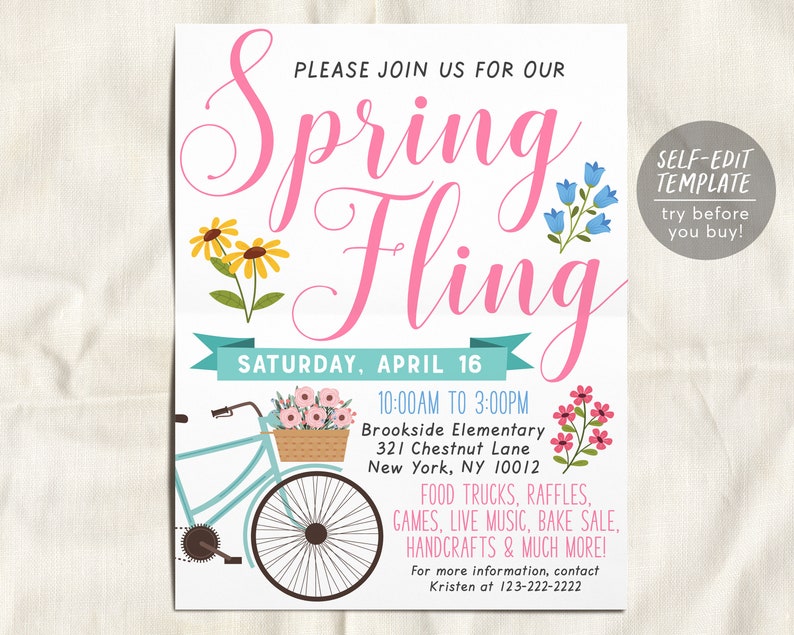 Spring Fling Flyer Editable Template Easter Spring Festival - Etsy