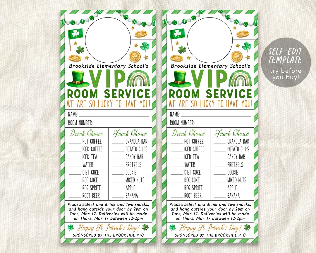 St Patricks Day VIP Room Service Door Hanger Editable Template, Saint ...