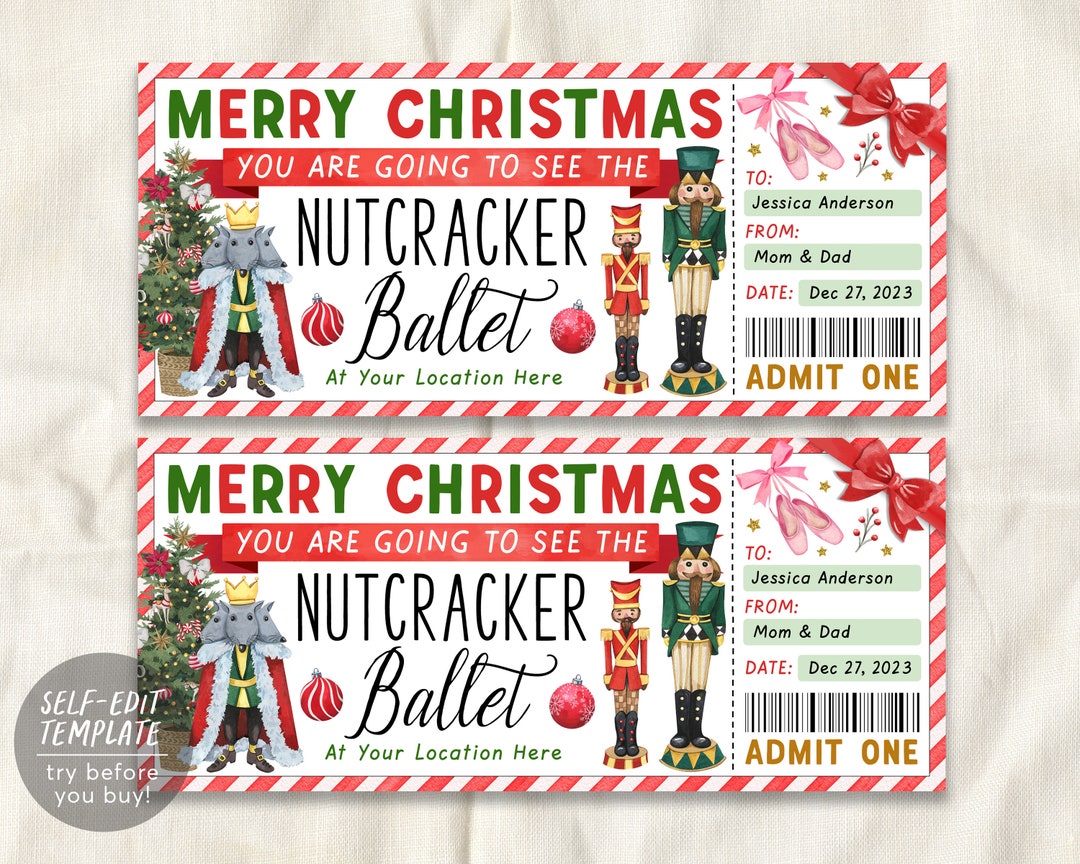 Christmas Nutcracker Ballet Gift Ticket Editable Template, Surprise ...