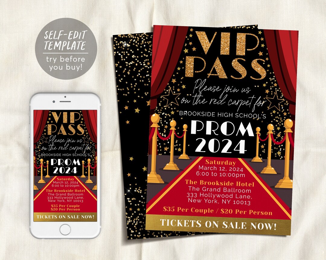 VIP Pass Prom Invitation Editable Template, Red Carpet School Dance ...