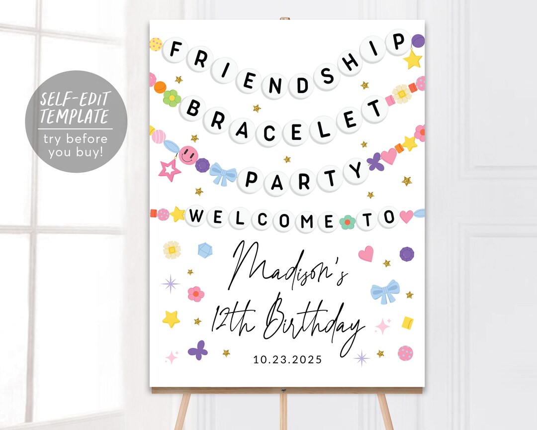 Friendship Bracelet Party Welcome Sign Editable Template, Girl Bracelet ...