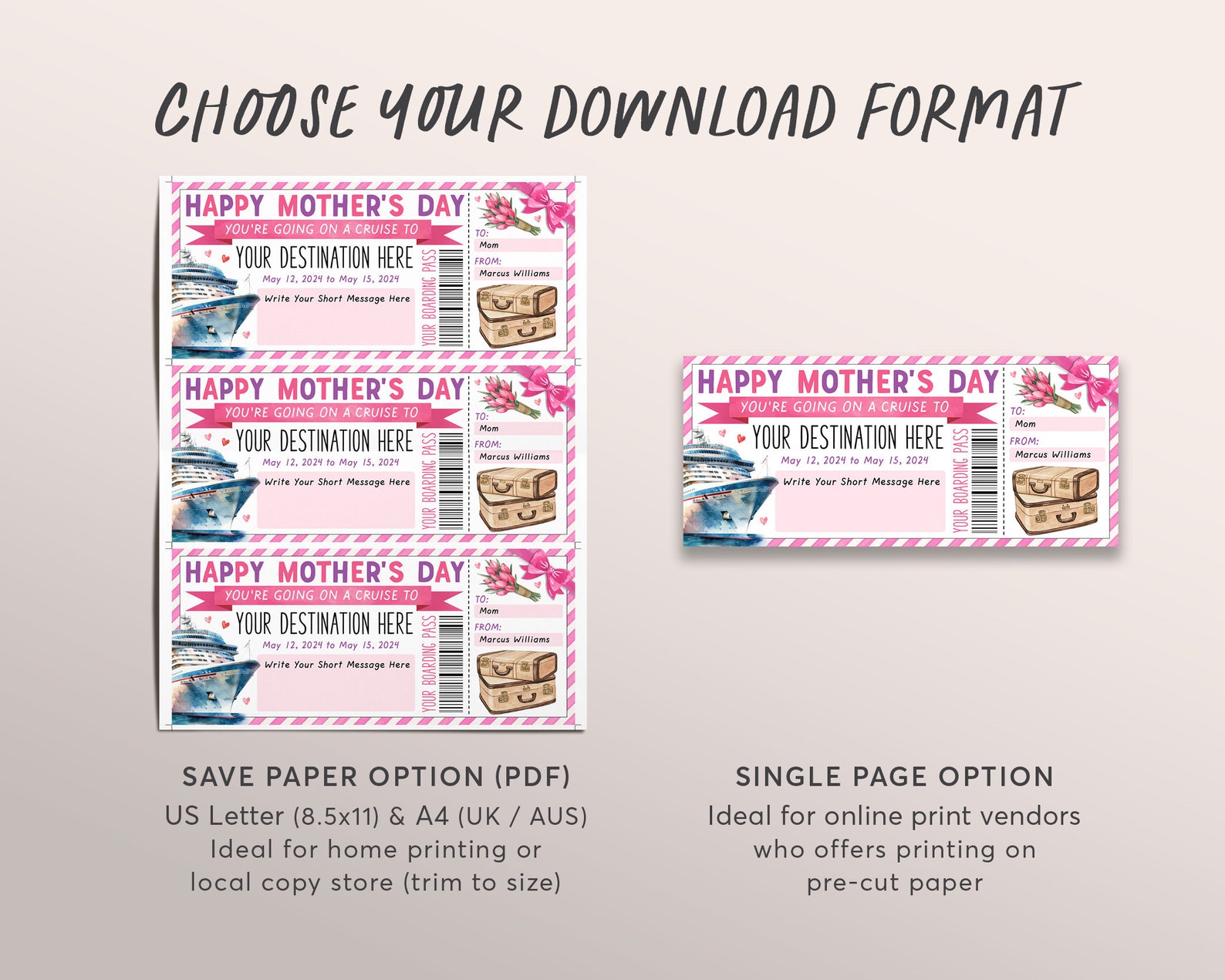 Mothers Day Cruise Boarding Pass Ticket Editable Template, Surprise ...