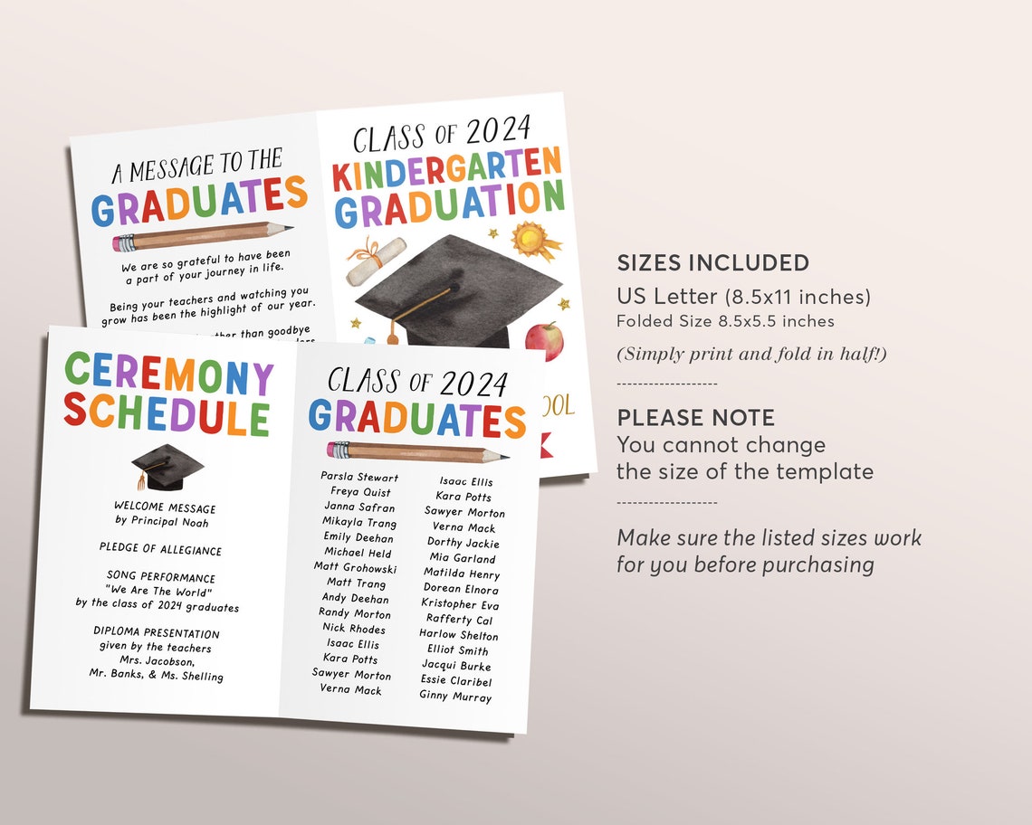 Kindergarten Graduation Program Editable Template, Pre-k Preschool ...