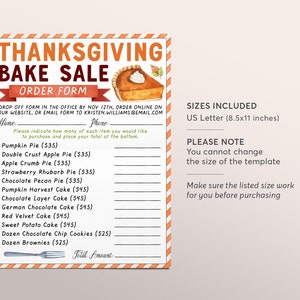 Thanksgiving Bake Sale Order Form Editable Template, Fall Fundraiser ...