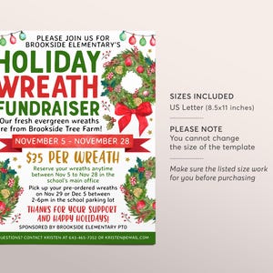Holiday Wreath Flyer Editable Template, Christmas Wreath Fundraiser ...