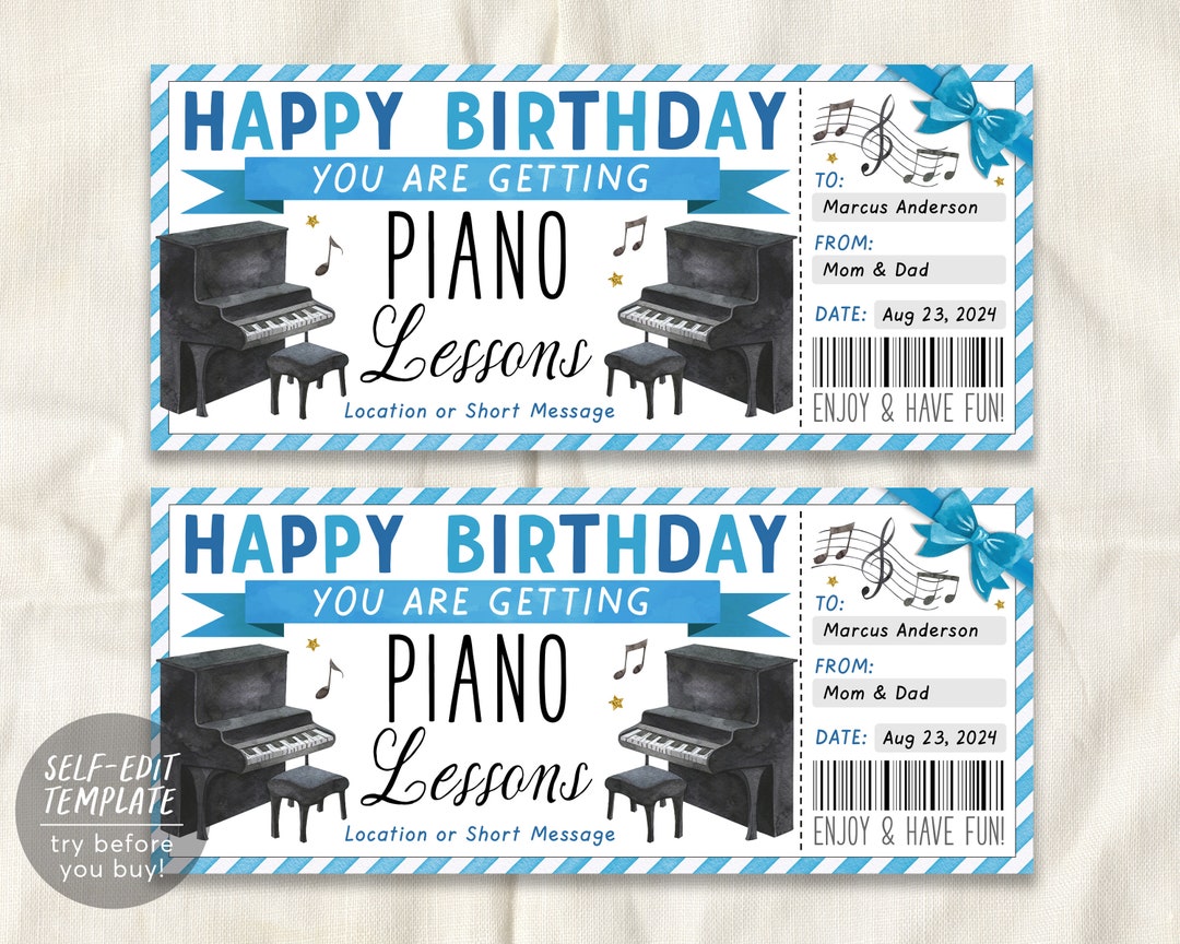 Piano Lessons Gift Certificate Editable Template, Birthday Surprise ...