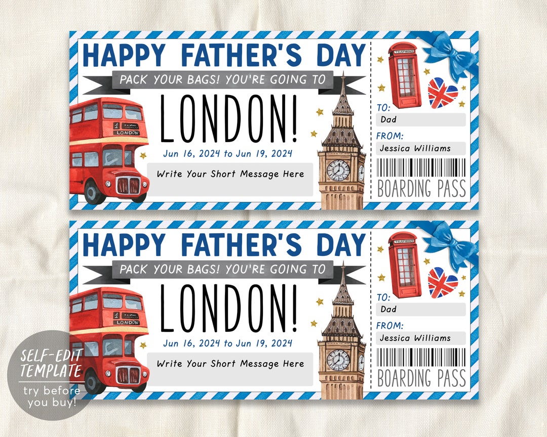 Fathers Day London Gift Ticket Boarding Pass Editable Template ...
