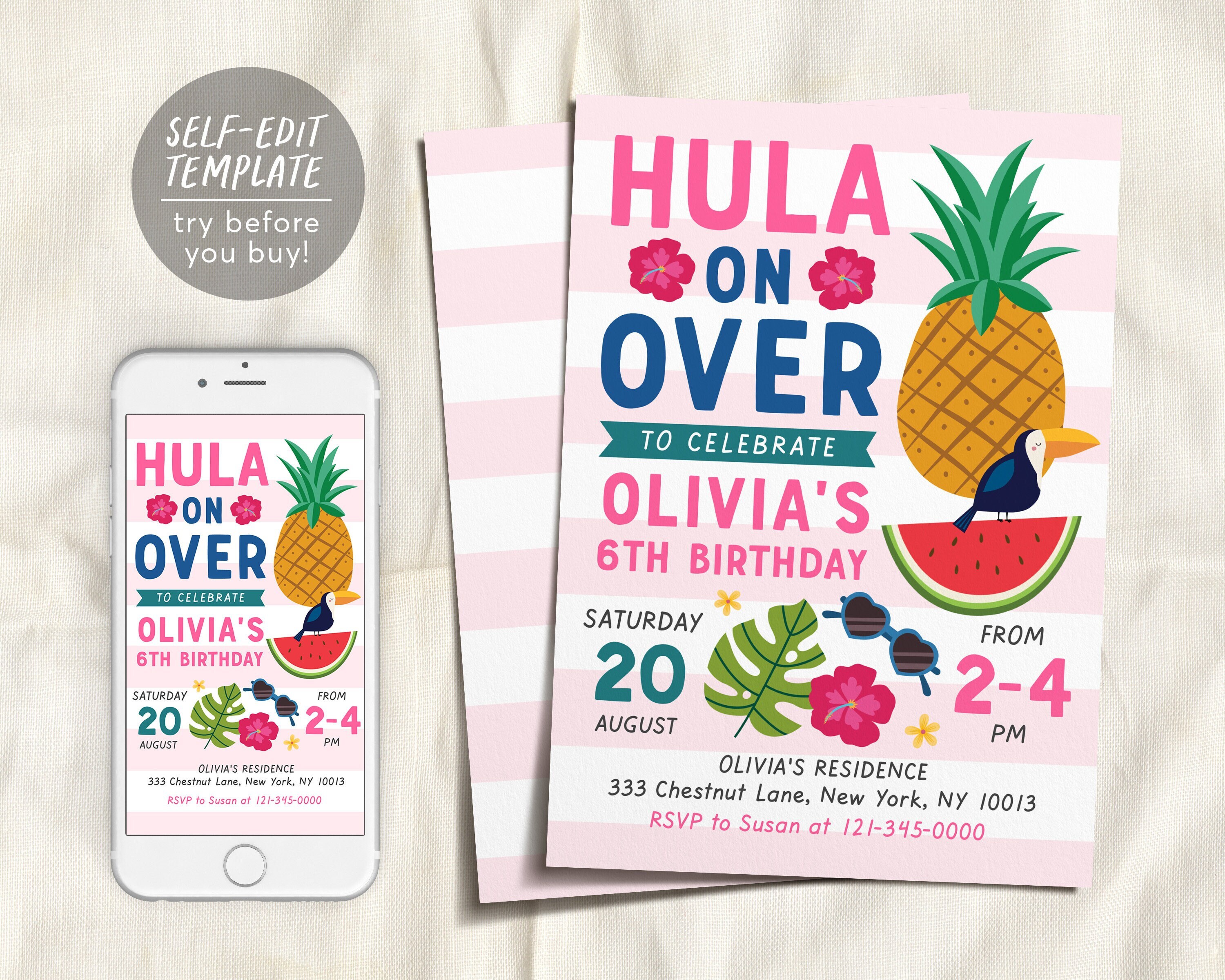Hawaiian Luau Pineapple Hula on Over Party Invitation Editable Template ...