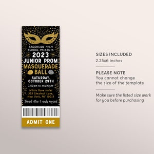 Masquerade Ball Ticket Prom Night Editable Template, Junior Senior Prom ...