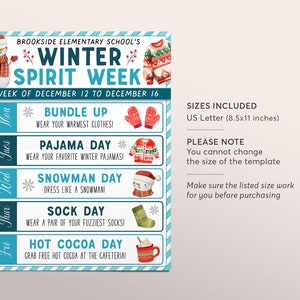 Winter Spirit Week Itinerary Schedule Editable Template, December ...