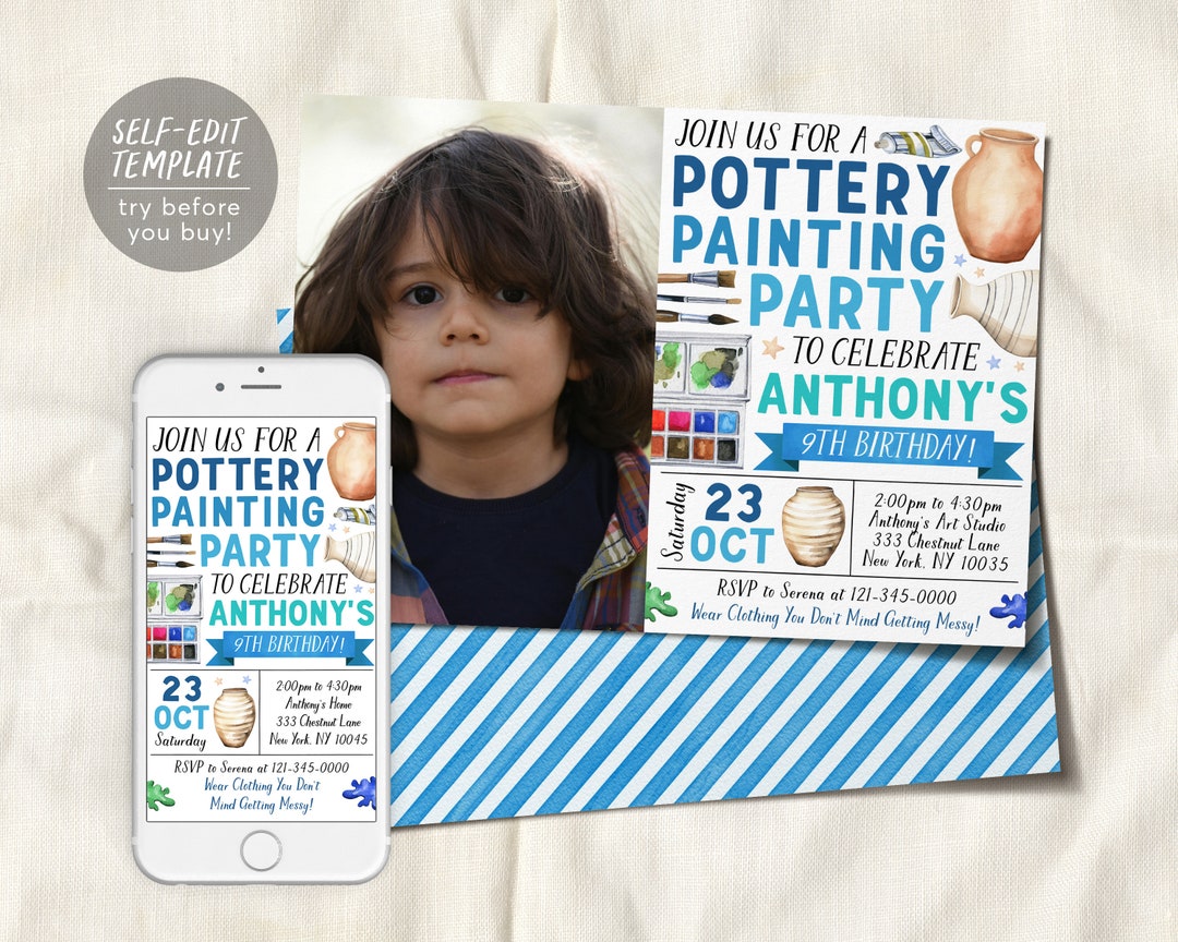 Pottery Party Invitation With Photo Editable Template, Pottery Painting ...