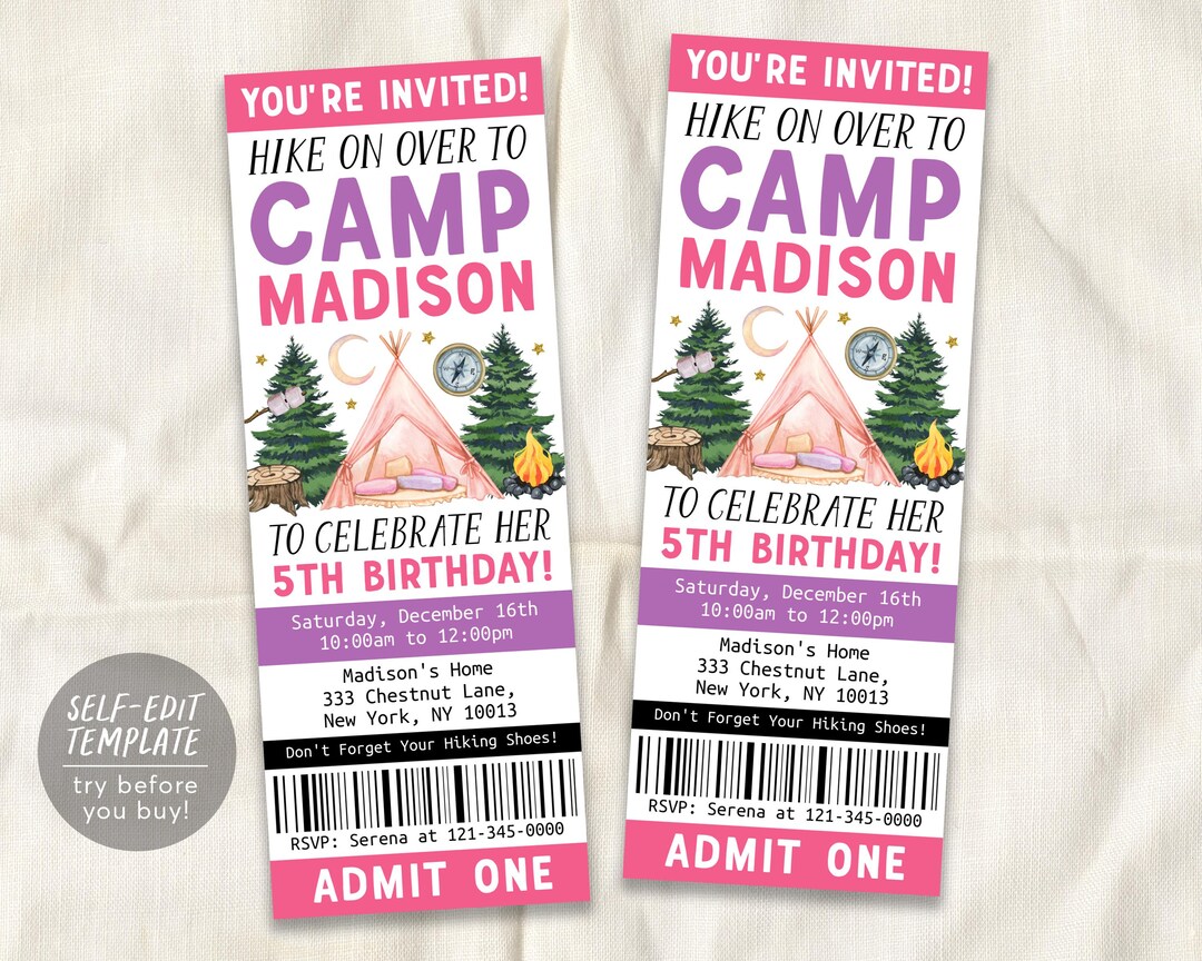 Camping Birthday Ticket Invitation Editable Template, Girl Outdoor Camp ...
