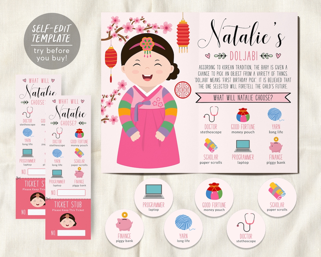 Doljabi Board Sign Girl Editable Template, Doljanchi Korean Baby Girl ...