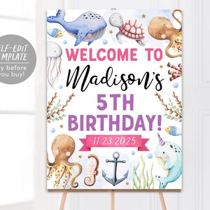 Under the Sea Birthday Welcome Sign Editable Template, Girl Oneder the ...
