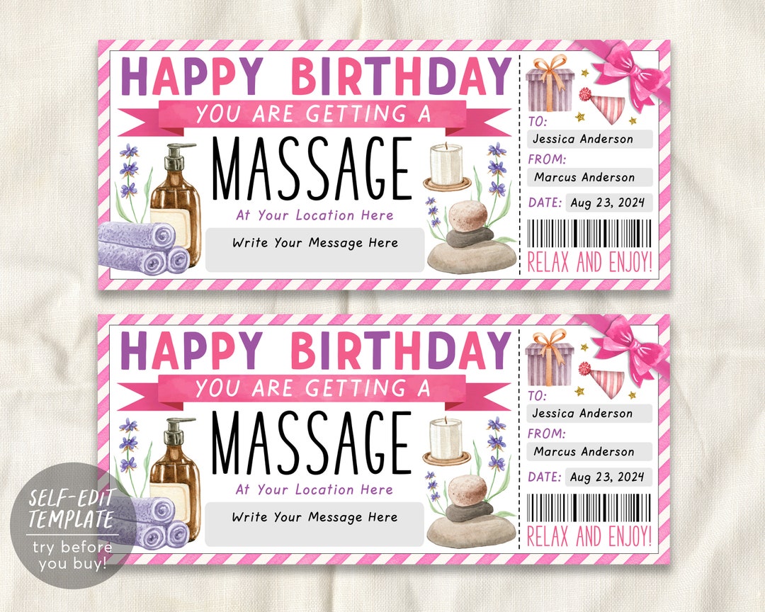 Massage Gift Certificate Ticket Editable Template, Birthday Surprise ...