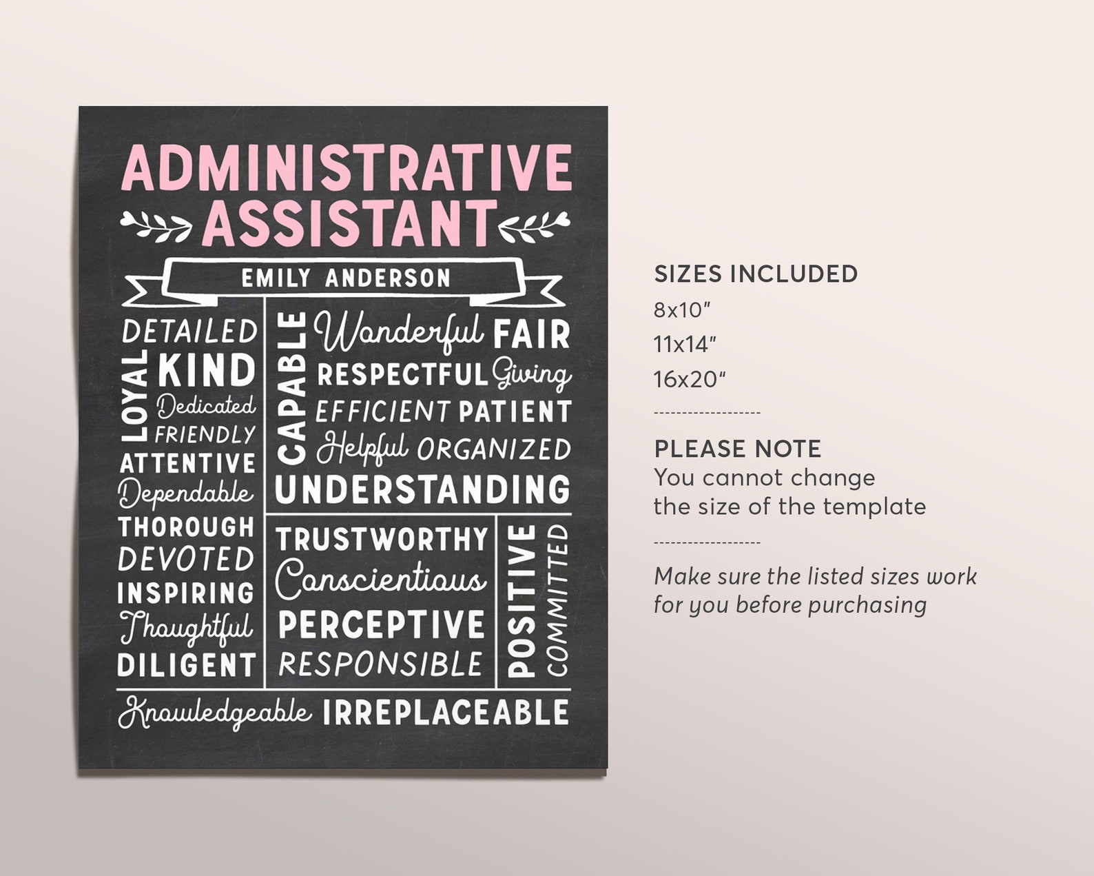 Editable Administrative Assistant Chalkboard Gift Print Template, Admin ...