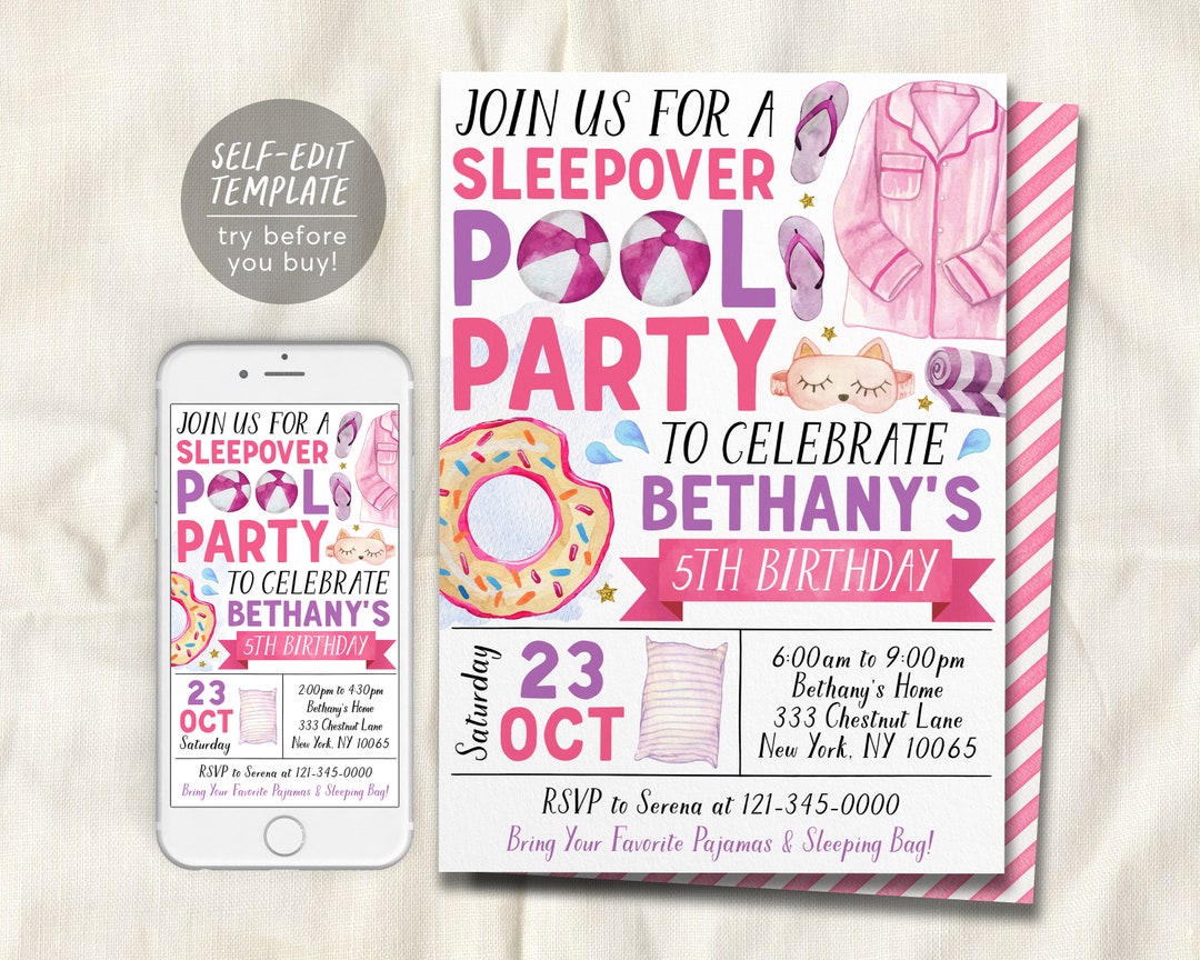 Sleepover Pool Party Birthday Invitation Editable Template, Swimming ...