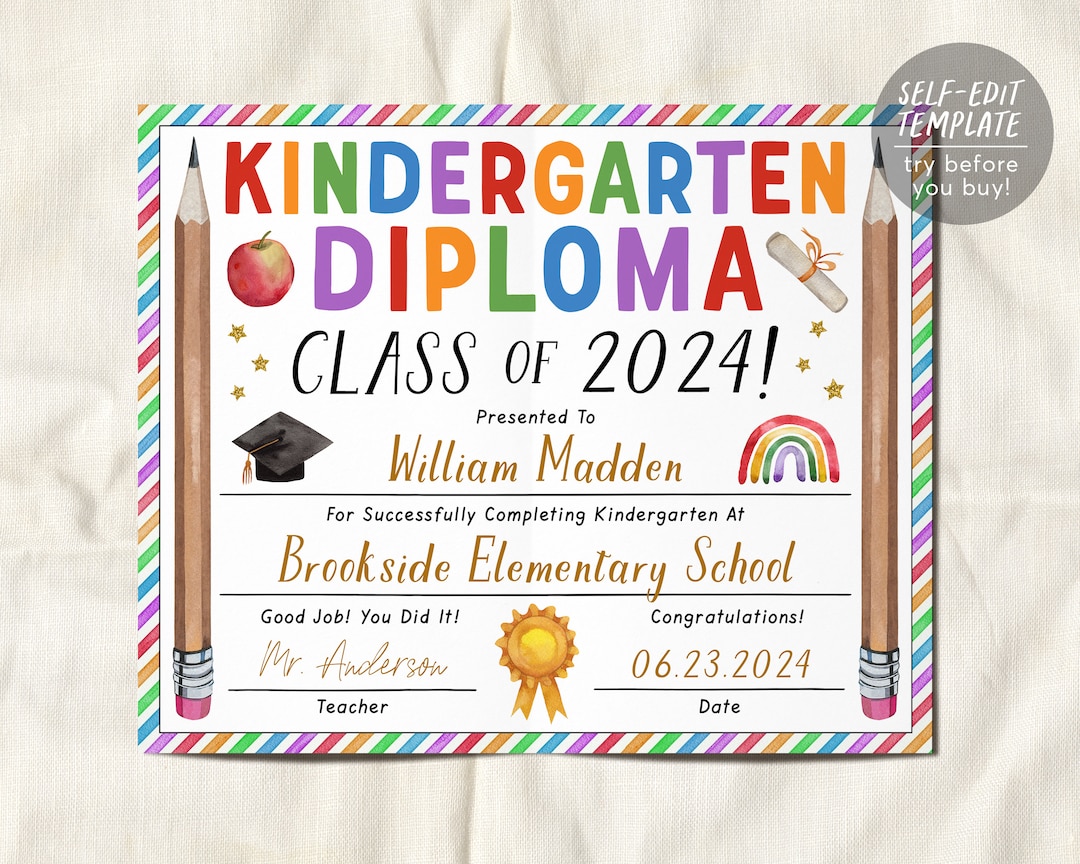 Kindergarten Graduation Diploma Editable Template, Kindergarten ...