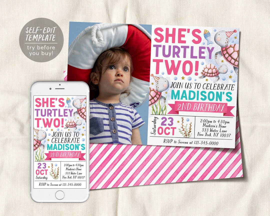 Turtle Second Birthday Invitation With Photo Editable Template, She's ...