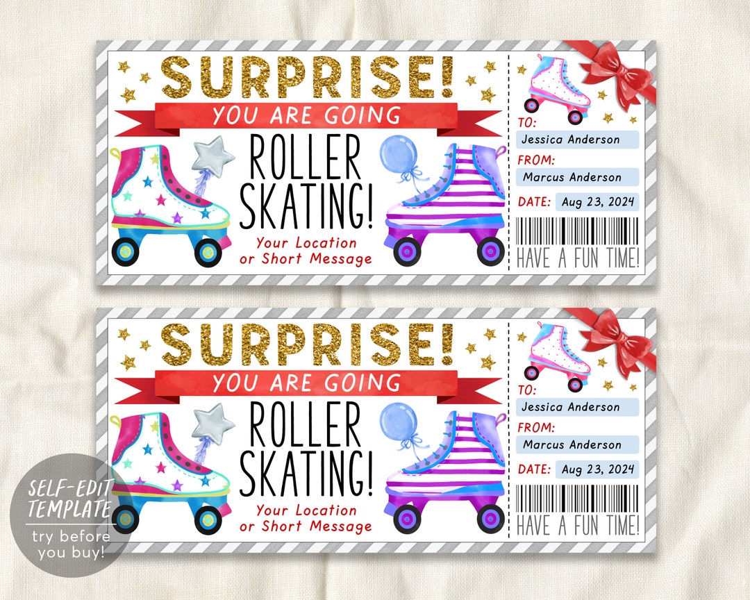 Roller Skating Ticket Editable Template, Surprise Roller Skating Experience Gift Voucher ...