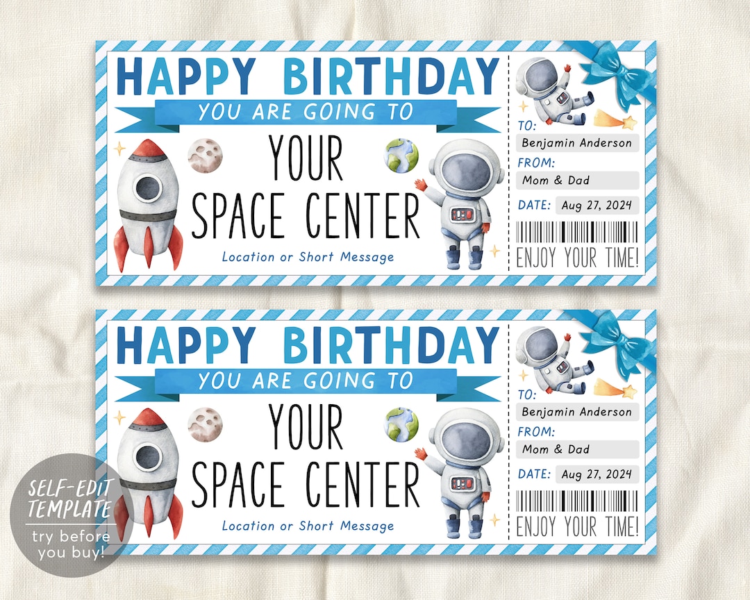 Space Center Surprise Trip Ticket Editable Template, Birthday Space ...